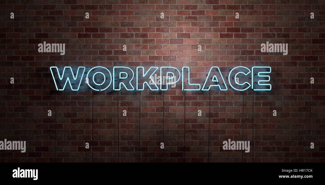 WORKPLACE - fluorescent Neon tube Sign on brickwork - Front view - 3D ...