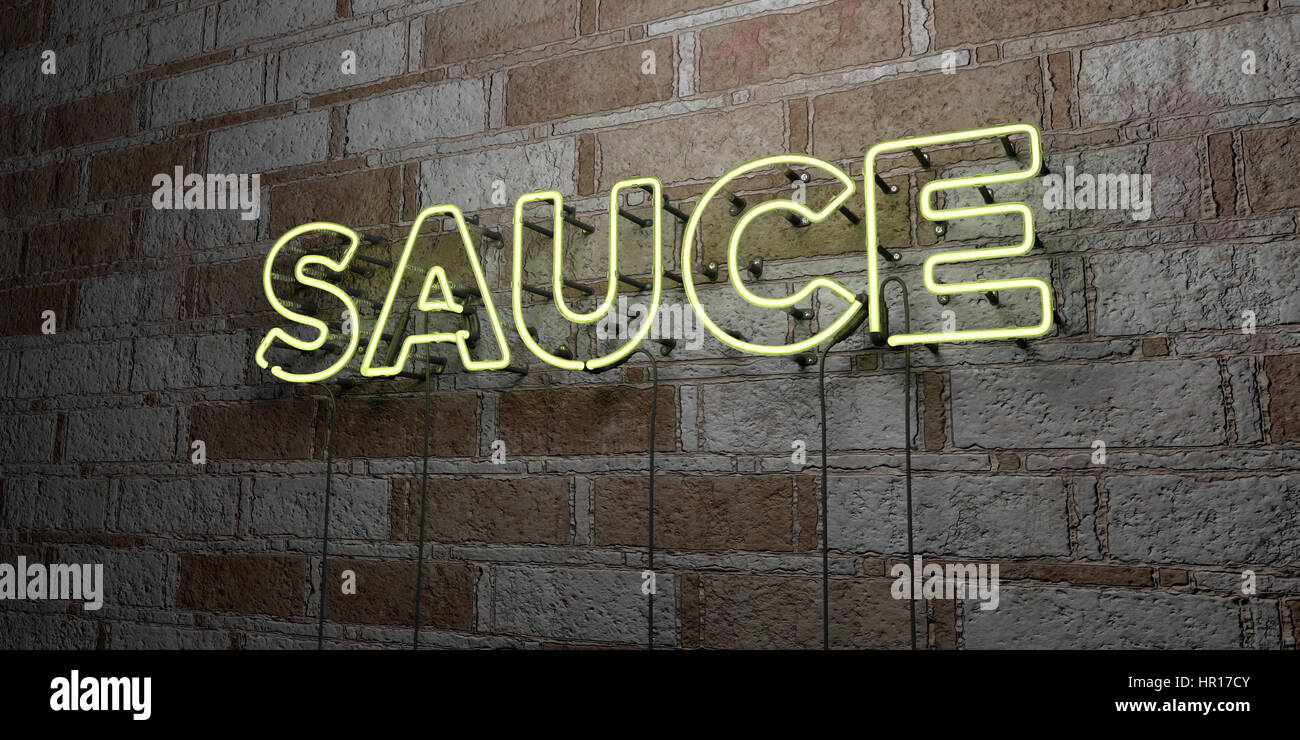 SAUCE - Glowing Neon Sign on stonework wall - 3D rendered royalty free ...
