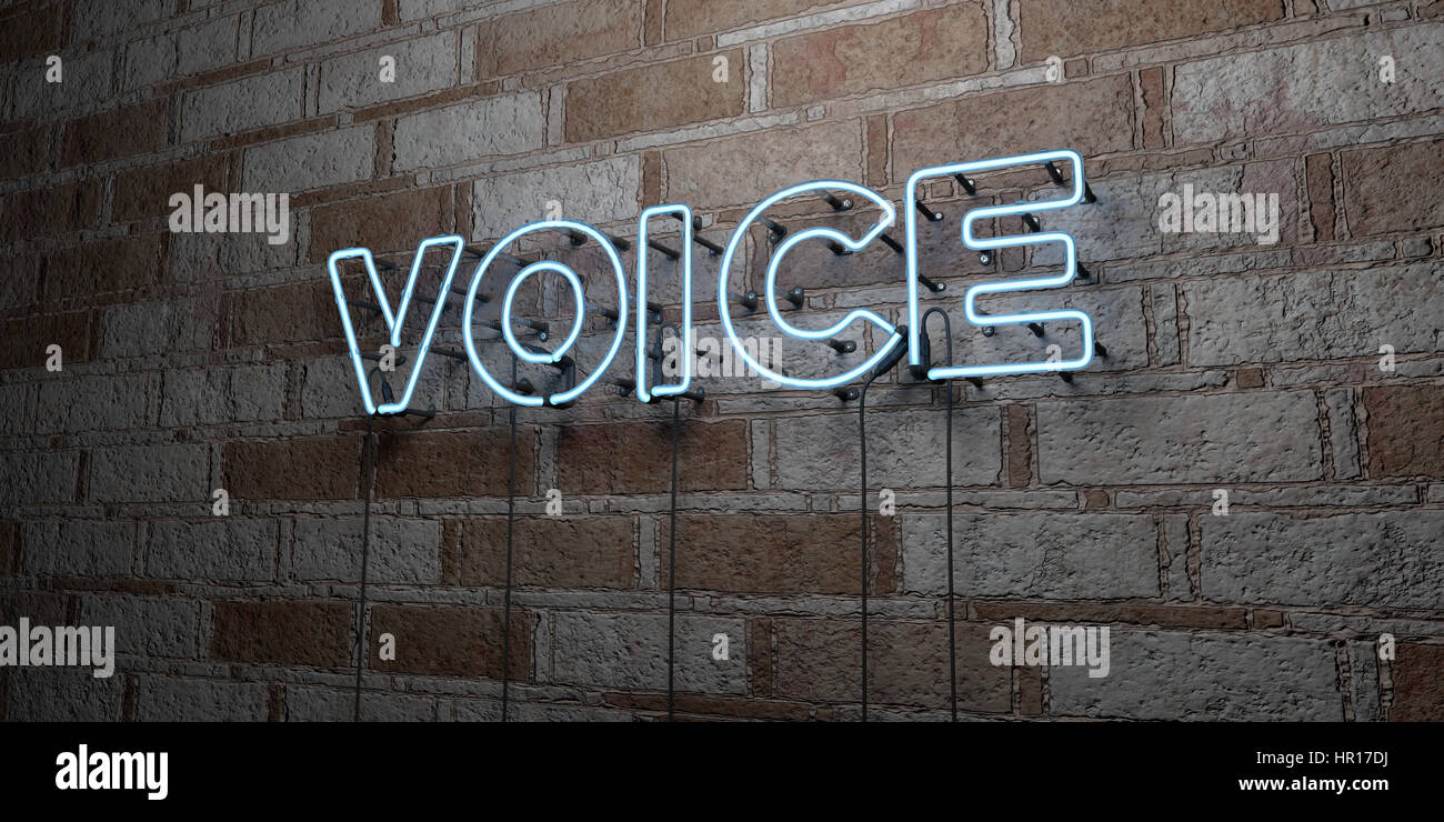 VOICE - Glowing Neon Sign on stonework wall - 3D rendered royalty free ...