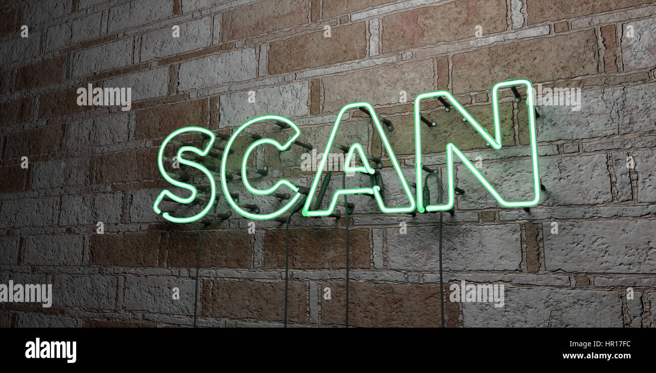 SCAN - Glowing Neon Sign on stonework wall - 3D rendered royalty free ...
