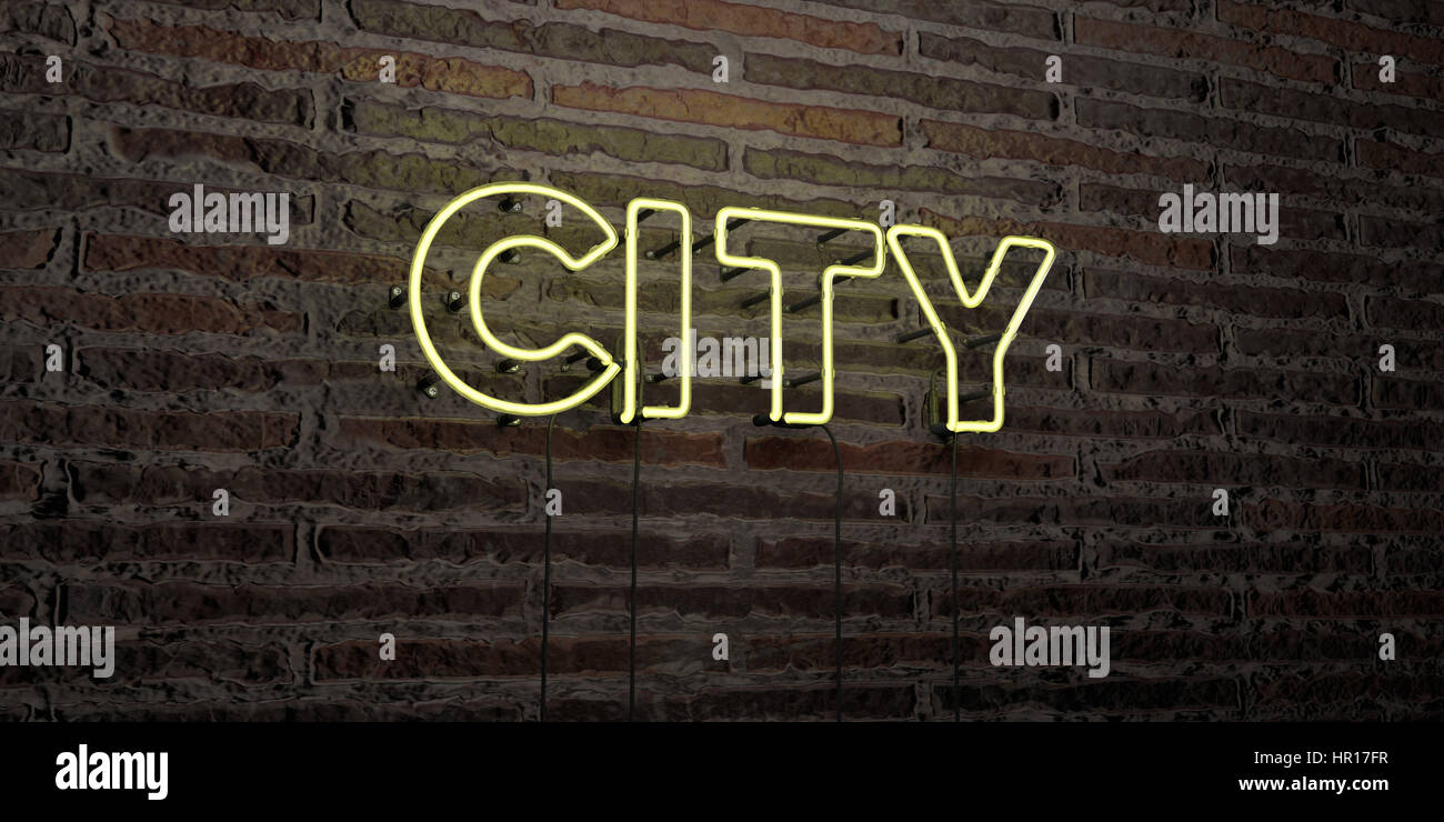 CITY -Realistic Neon Sign on Brick Wall background - 3D rendered ...