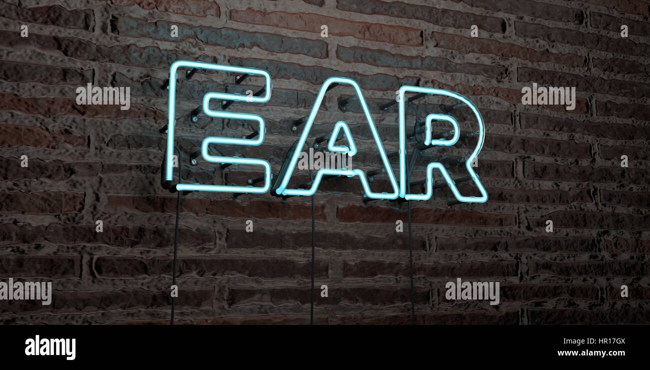 EAR -Realistic Neon Sign on Brick Wall background - 3D rendered royalty ...