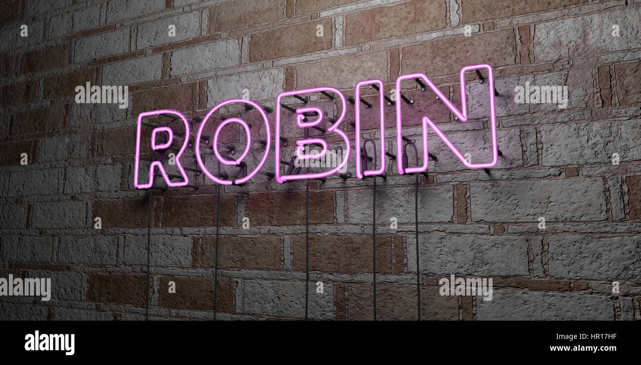 ROBIN - Glowing Neon Sign on stonework wall - 3D rendered royalty free ...