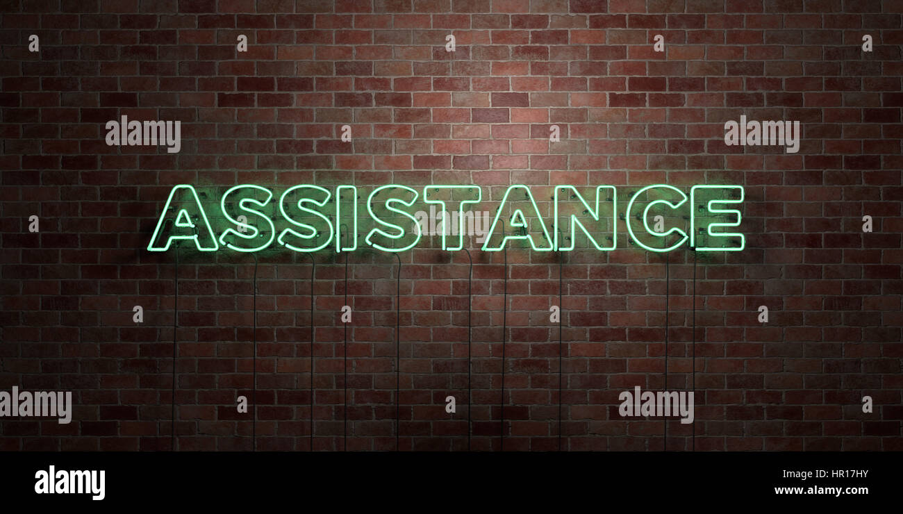 ASSISTANCE - fluorescent Neon tube Sign on brickwork - Front view - 3D ...