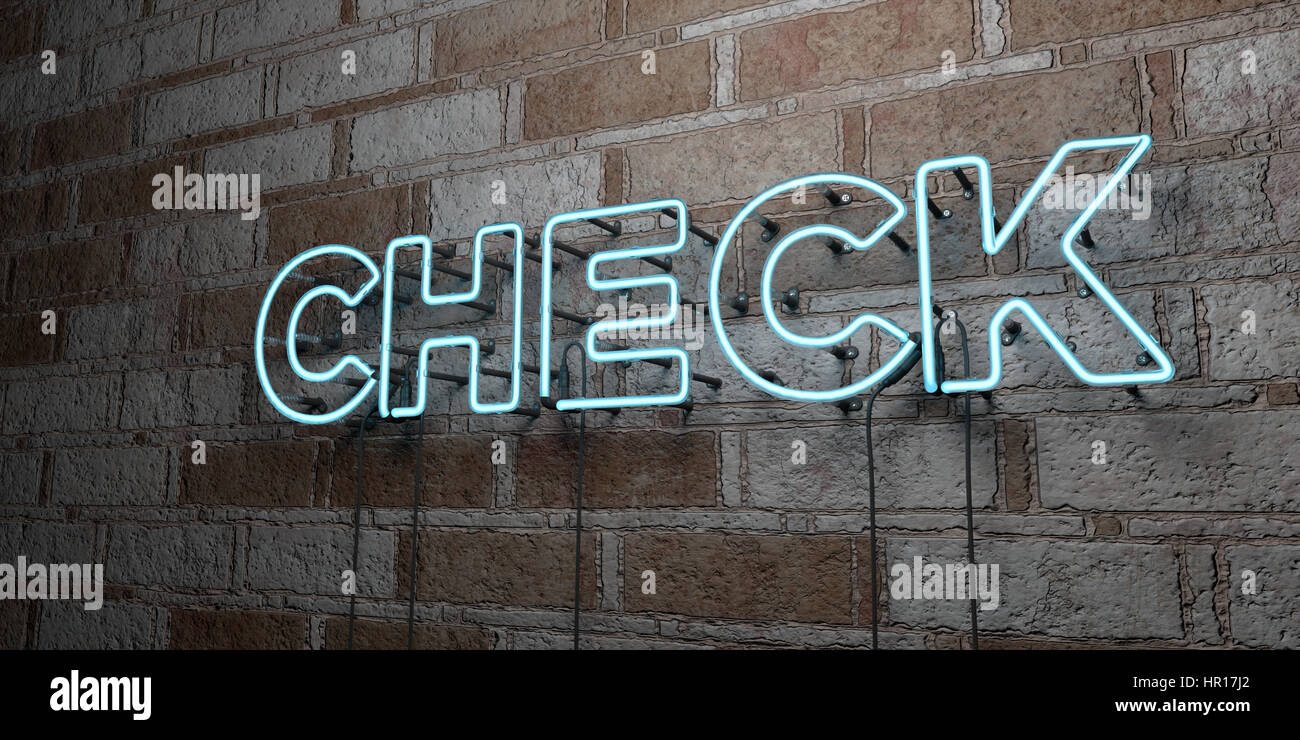 CHECK - Glowing Neon Sign on stonework wall - 3D rendered royalty free ...