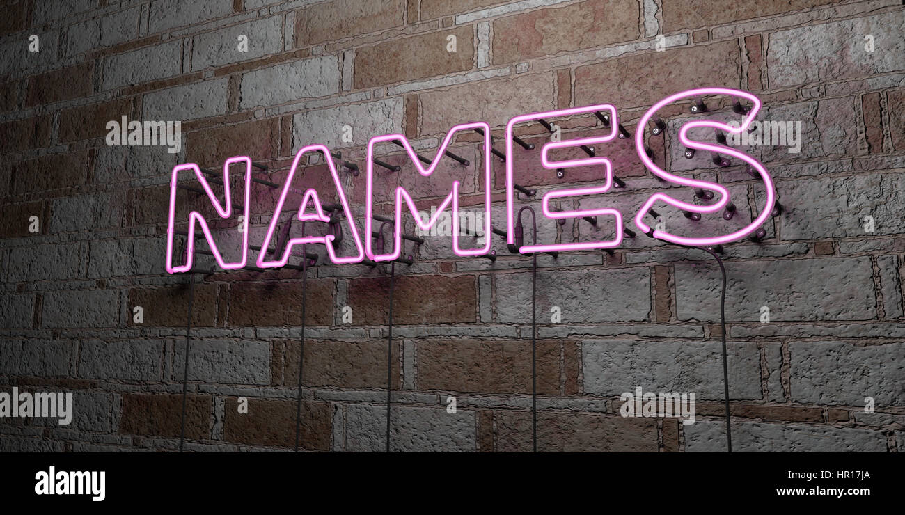 NAMES - Glowing Neon Sign on stonework wall - 3D rendered royalty free ...