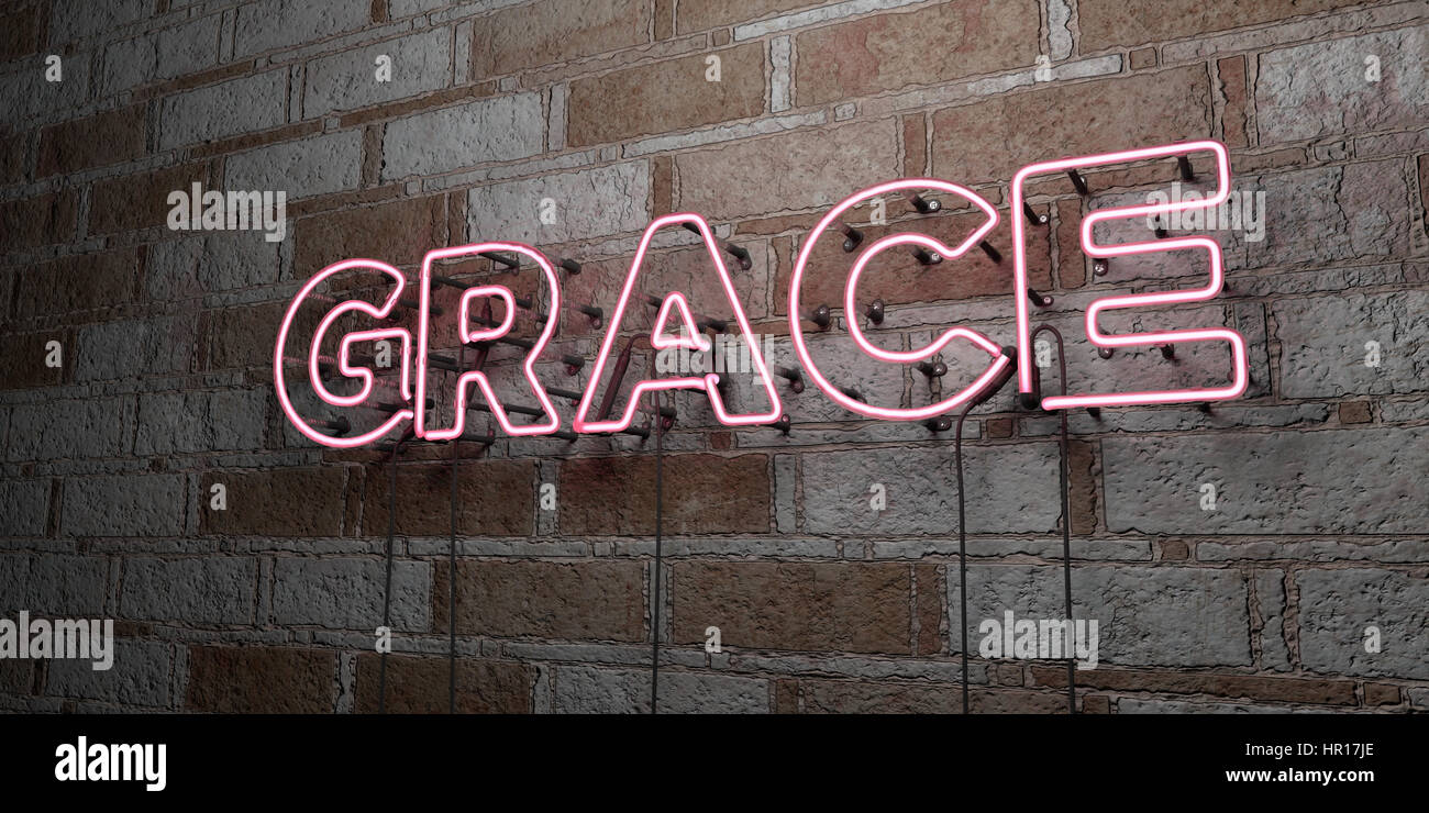 GRACE - Glowing Neon Sign on stonework wall - 3D rendered royalty free ...