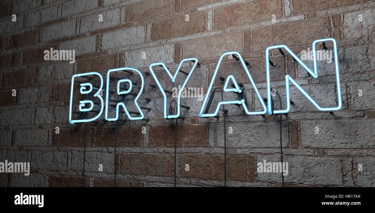 BRYAN - Glowing Neon Sign on stonework wall - 3D rendered royalty free ...