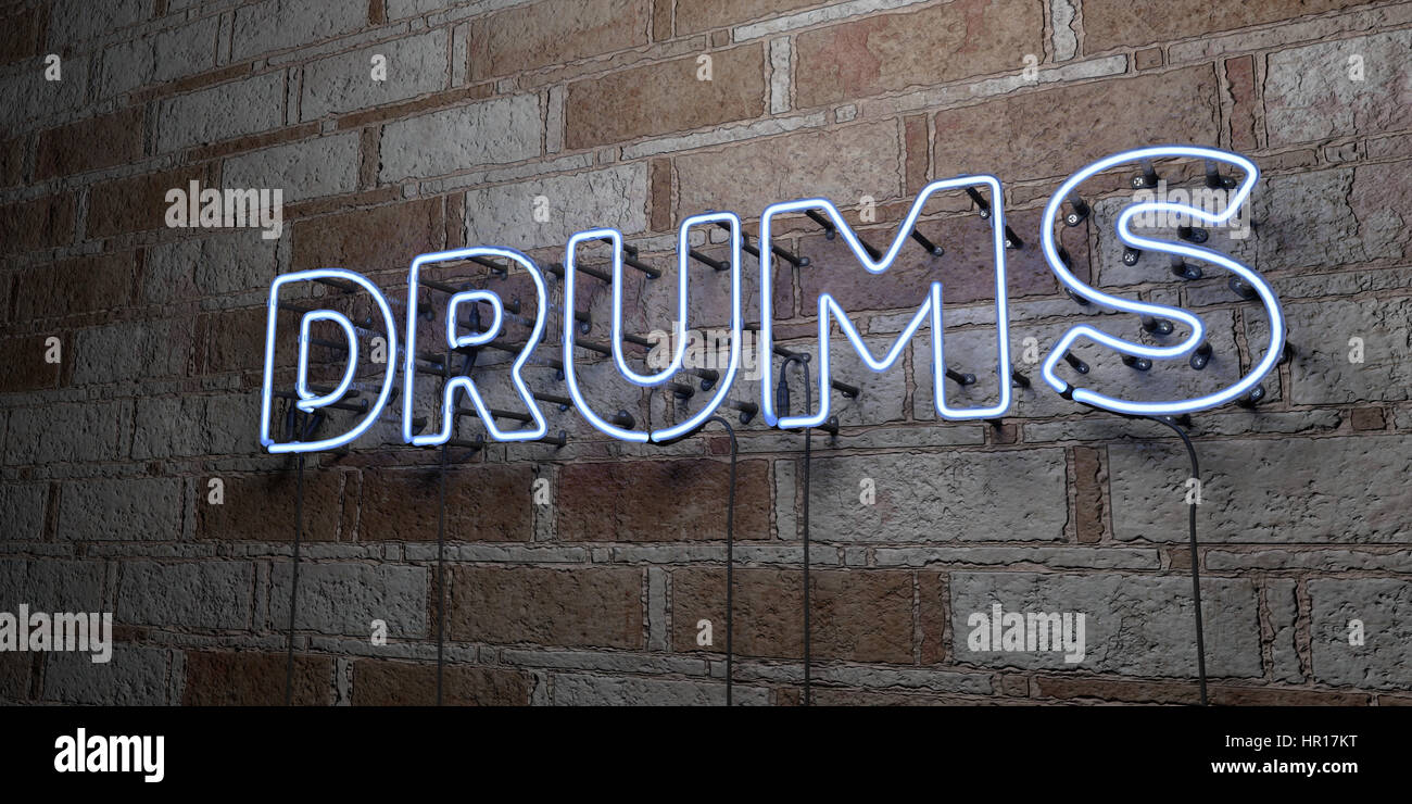 DRUMS - Glowing Neon Sign on stonework wall - 3D rendered royalty free ...