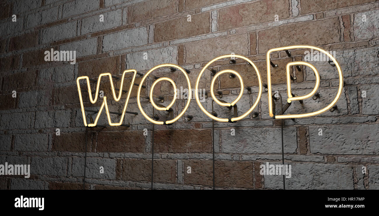WOOD - Glowing Neon Sign on stonework wall - 3D rendered royalty free ...