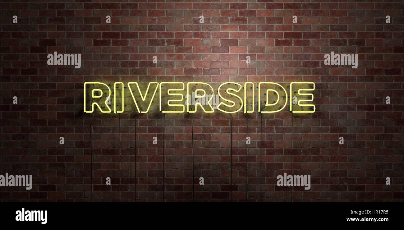 RIVERSIDE - fluorescent Neon tube Sign on brickwork - Front view - 3D ...