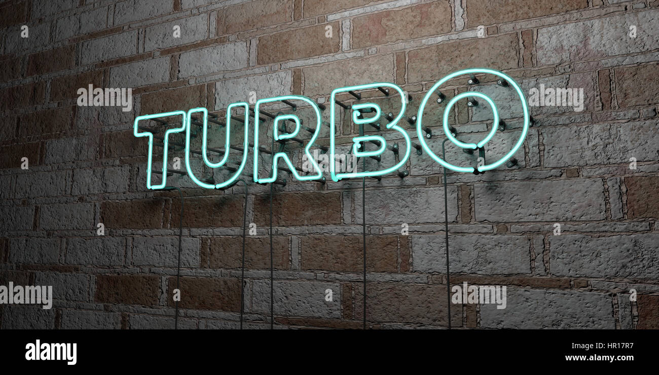 TURBO - Glowing Neon Sign on stonework wall - 3D rendered royalty free ...