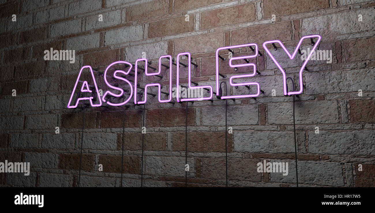 ASHLEY - Glowing Neon Sign on stonework wall - 3D rendered royalty free ...