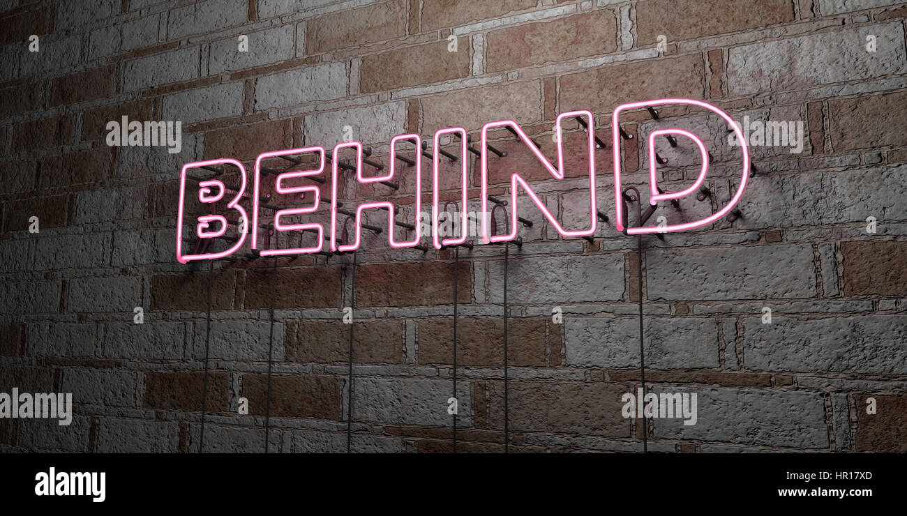 BEHIND - Glowing Neon Sign on stonework wall - 3D rendered royalty free ...