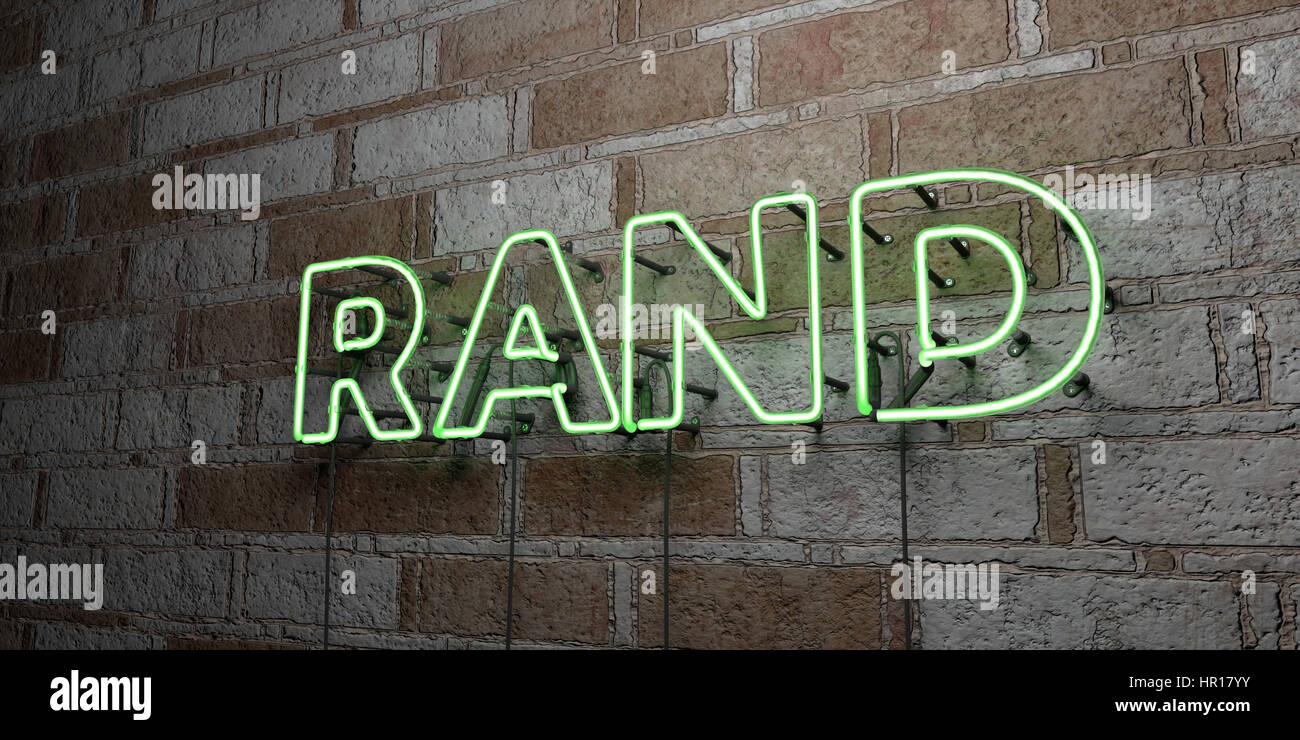 RAND - Glowing Neon Sign on stonework wall - 3D rendered royalty free ...