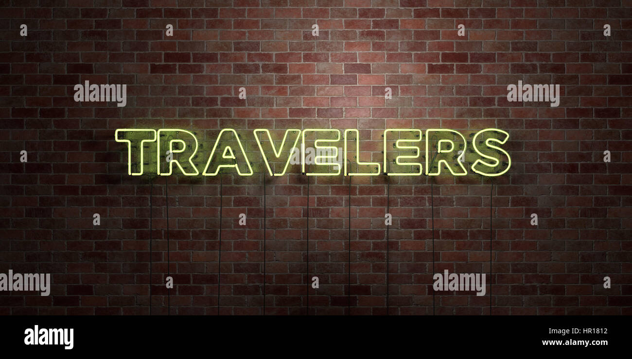 TRAVELERS - fluorescent Neon tube Sign on brickwork - Front view - 3D ...