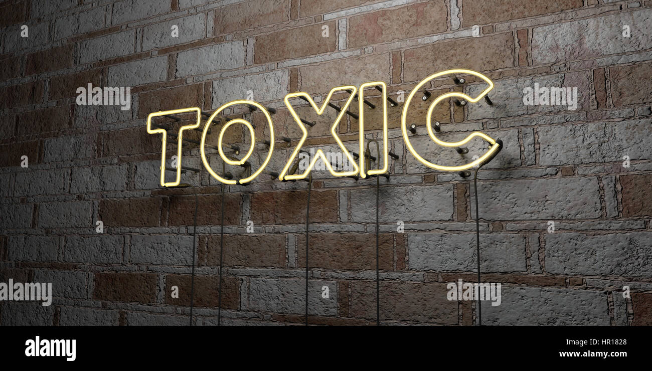 TOXIC - Glowing Neon Sign on stonework wall - 3D rendered royalty free ...