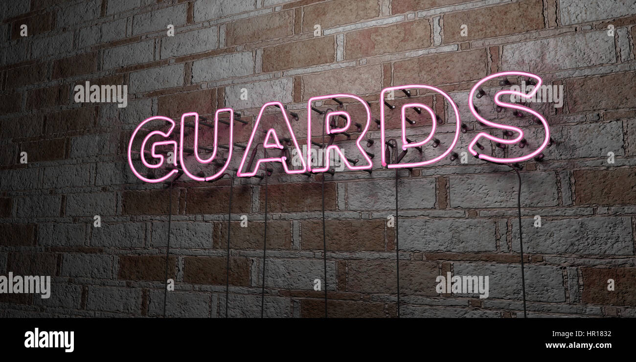 GUARDS - Glowing Neon Sign on stonework wall - 3D rendered royalty free ...