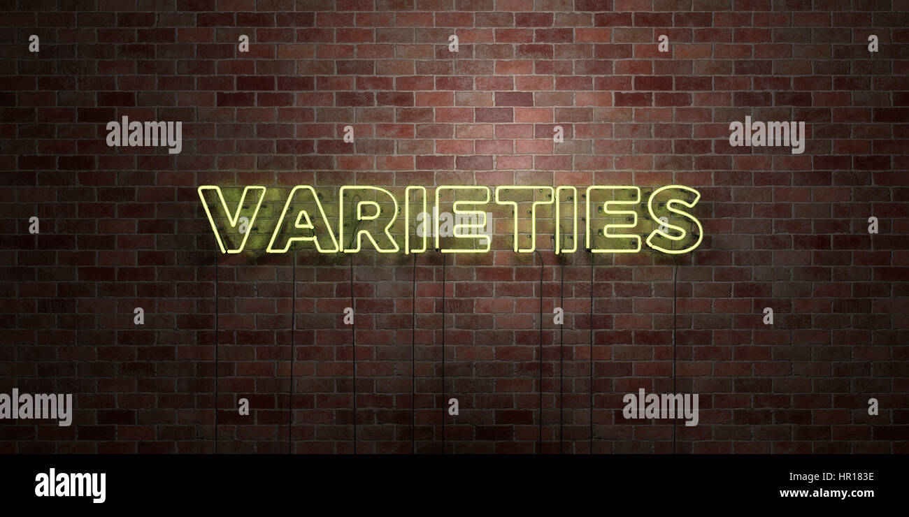 VARIETIES - fluorescent Neon tube Sign on brickwork - Front view - 3D ...