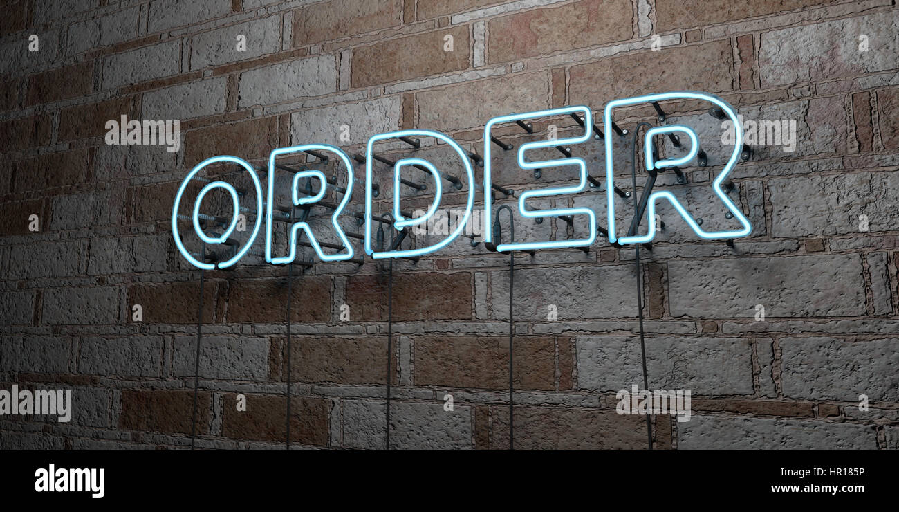 ORDER - Glowing Neon Sign on stonework wall - 3D rendered royalty free ...