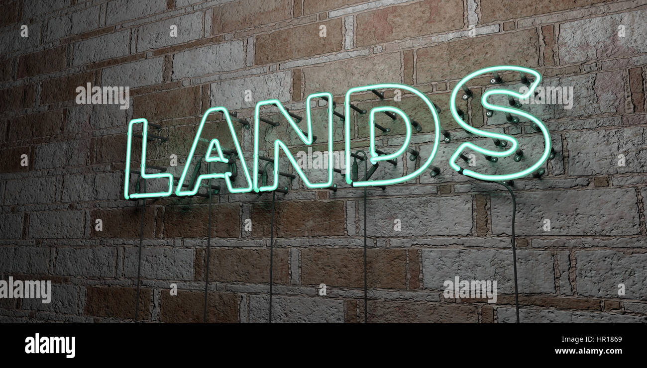 LANDS - Glowing Neon Sign on stonework wall - 3D rendered royalty free ...