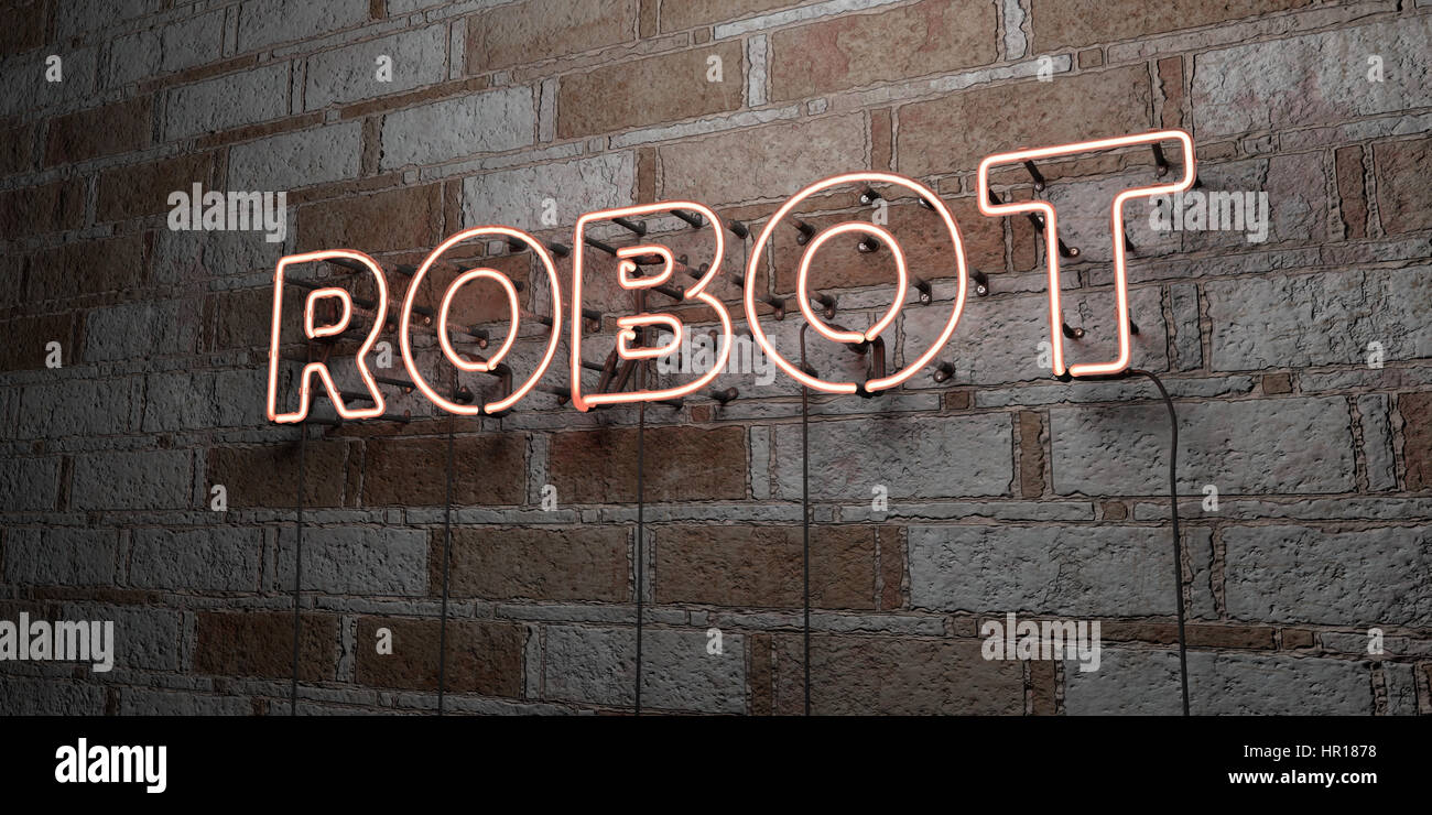 ROBOT - Glowing Neon Sign on stonework wall - 3D rendered royalty free ...