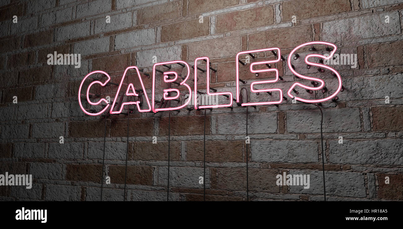CABLES - Glowing Neon Sign on stonework wall - 3D rendered royalty free ...
