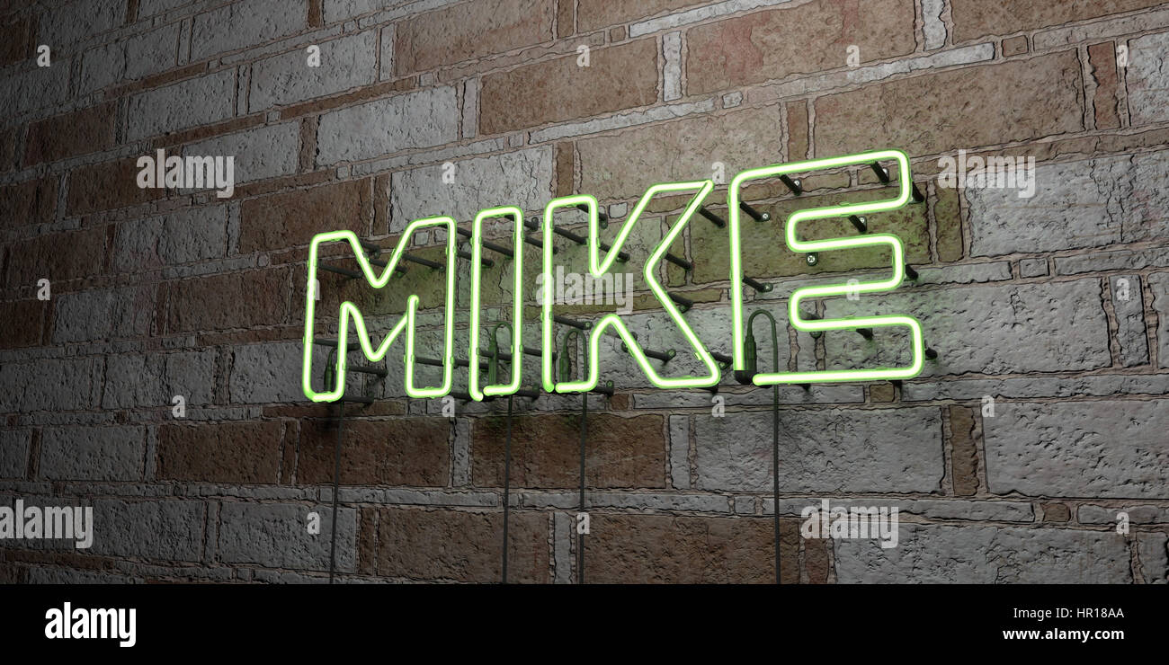 MIKE - Glowing Neon Sign on stonework wall - 3D rendered royalty free ...