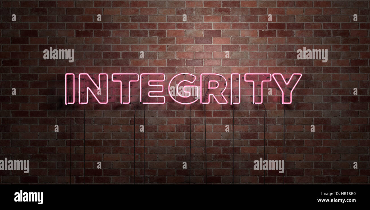 INTEGRITY - fluorescent Neon tube Sign on brickwork - Front view - 3D ...