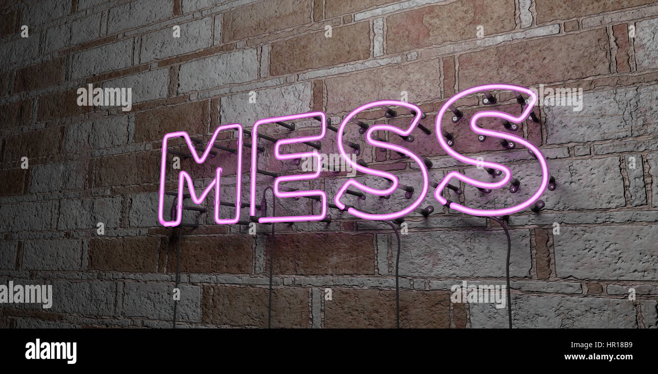 MESS - Glowing Neon Sign on stonework wall - 3D rendered royalty free ...