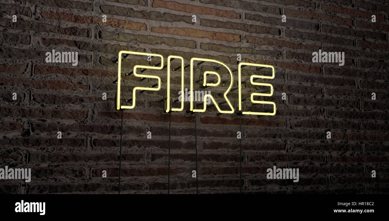 FIRE -Realistic Neon Sign on Brick Wall background - 3D rendered ...