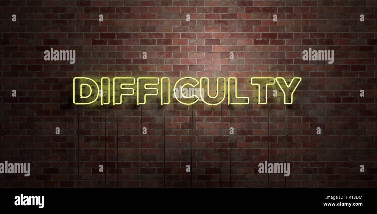 DIFFICULTY - fluorescent Neon tube Sign on brickwork - Front view - 3D ...