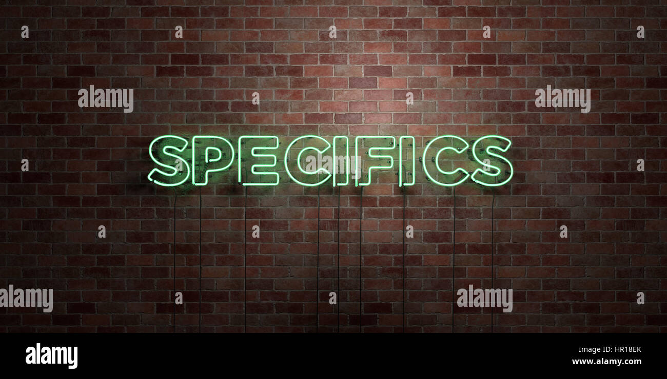 SPECIFICS - fluorescent Neon tube Sign on brickwork - Front view - 3D ...