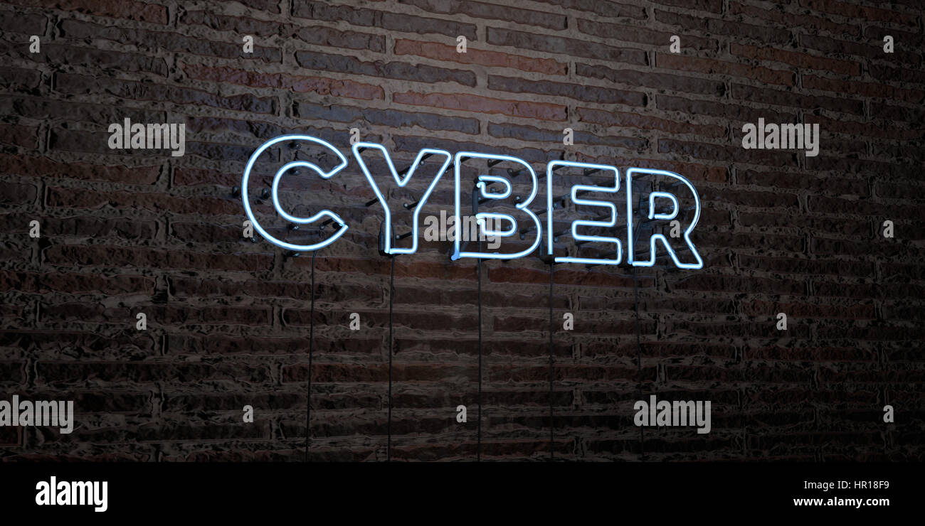 CYBER -Realistic Neon Sign on Brick Wall background - 3D rendered ...