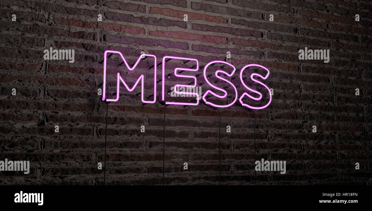 MESS -Realistic Neon Sign on Brick Wall background - 3D rendered ...