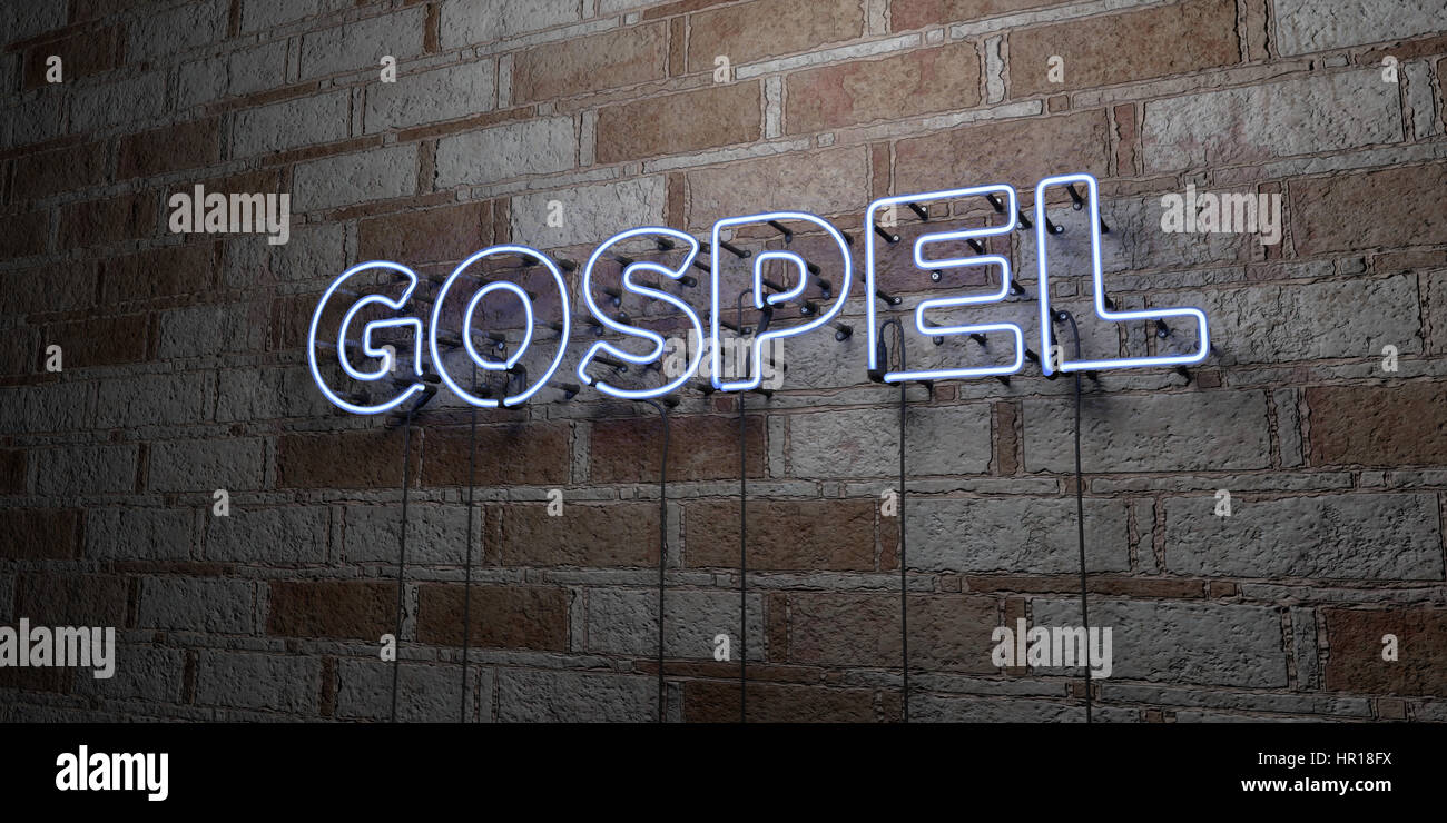 GOSPEL - Glowing Neon Sign on stonework wall - 3D rendered royalty free ...