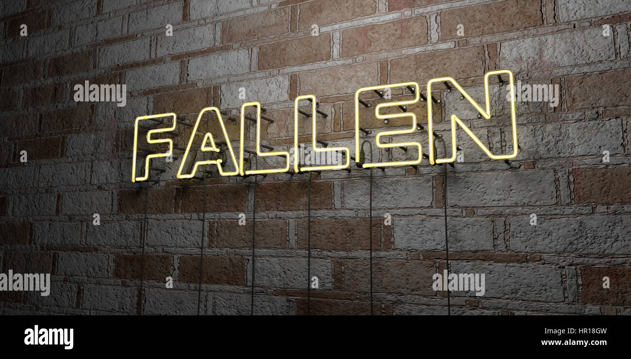 FALLEN - Glowing Neon Sign on stonework wall - 3D rendered royalty free ...