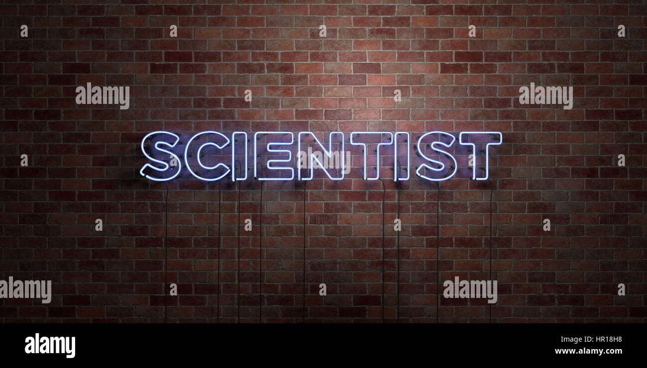 SCIENTIST - fluorescent Neon tube Sign on brickwork - Front view - 3D ...