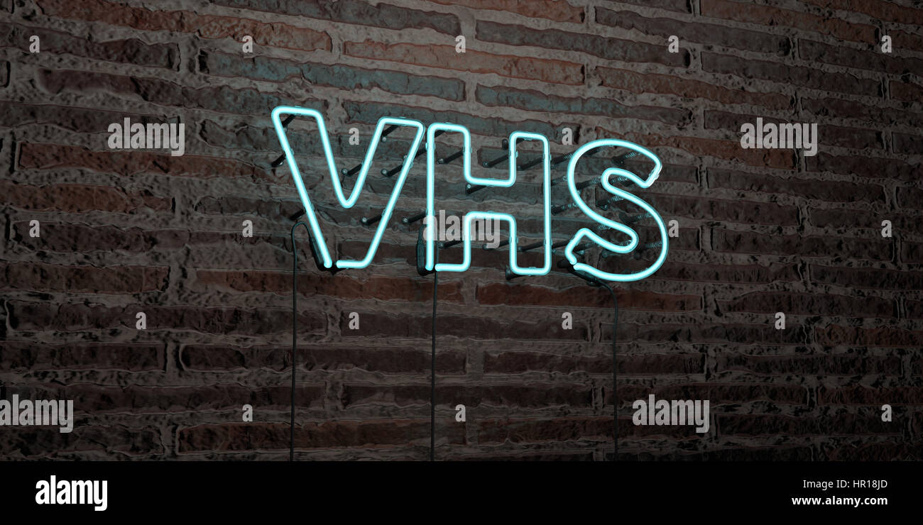 VHS -Realistic Neon Sign on Brick Wall background - 3D rendered royalty ...