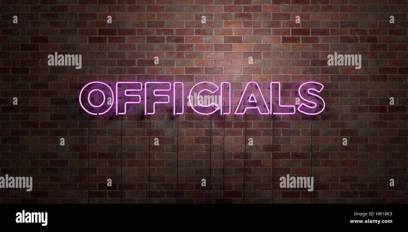 OFFICIALS - fluorescent Neon tube Sign on brickwork - Front view - 3D ...