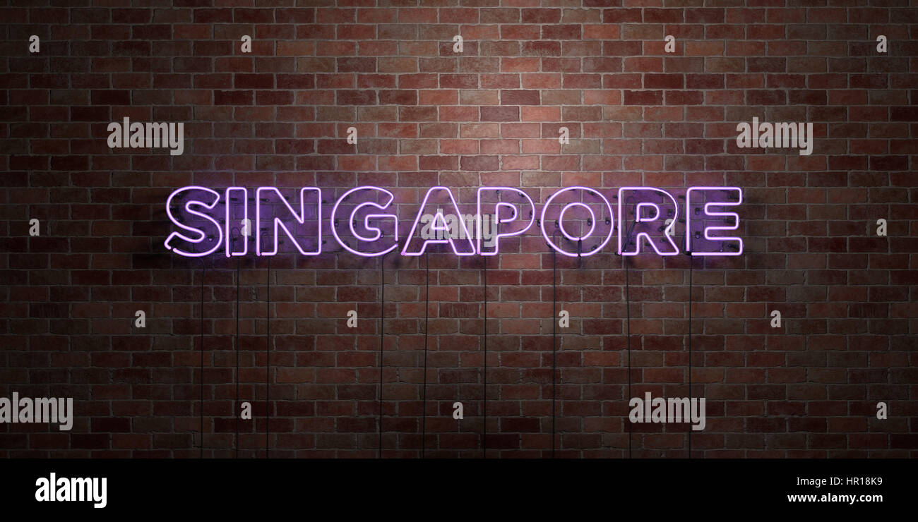 SINGAPORE - fluorescent Neon tube Sign on brickwork - Front view - 3D ...