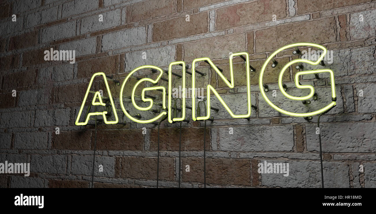 AGING - Glowing Neon Sign on stonework wall - 3D rendered royalty free ...