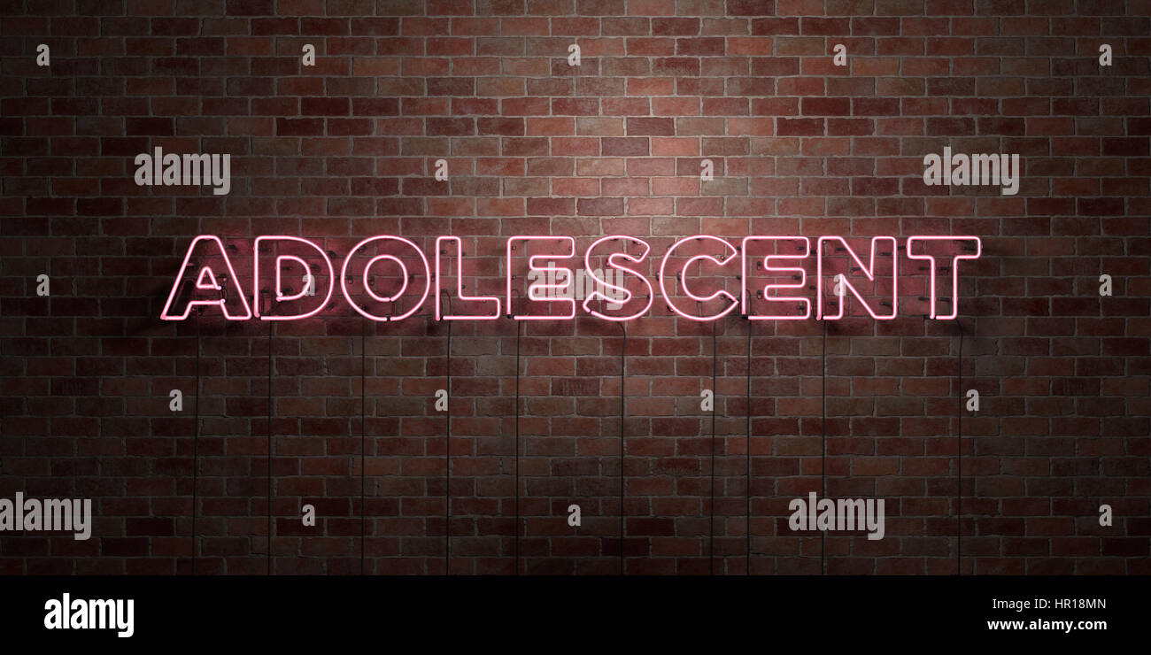 ADOLESCENT - fluorescent Neon tube Sign on brickwork - Front view - 3D ...
