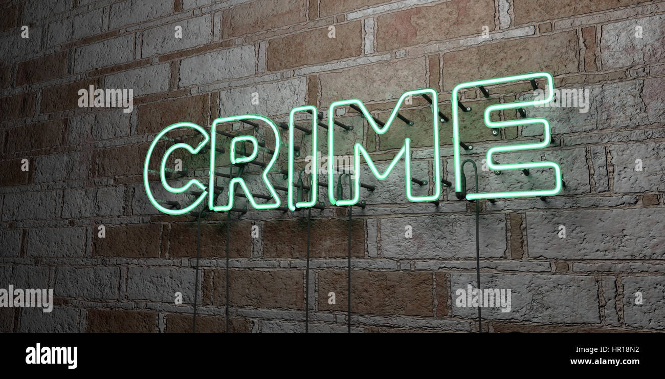 CRIME - Glowing Neon Sign on stonework wall - 3D rendered royalty free ...
