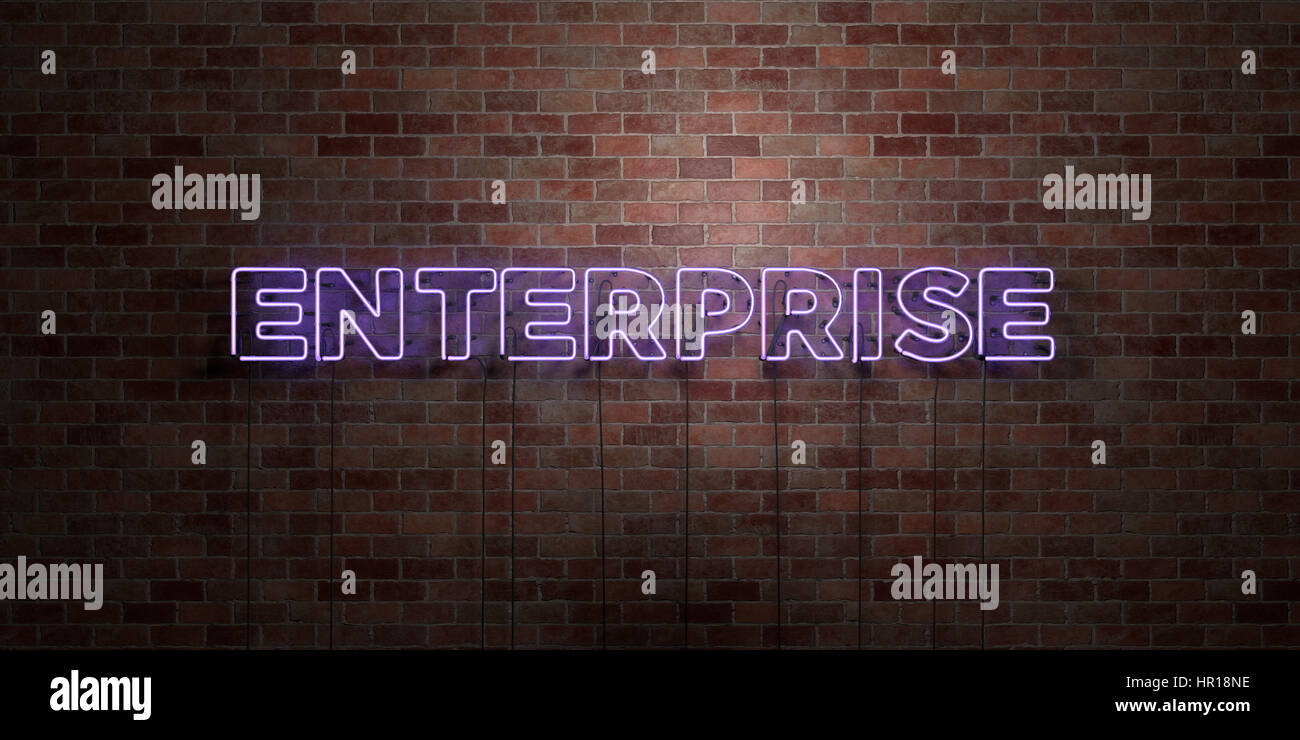 ENTERPRISE - fluorescent Neon tube Sign on brickwork - Front view - 3D ...