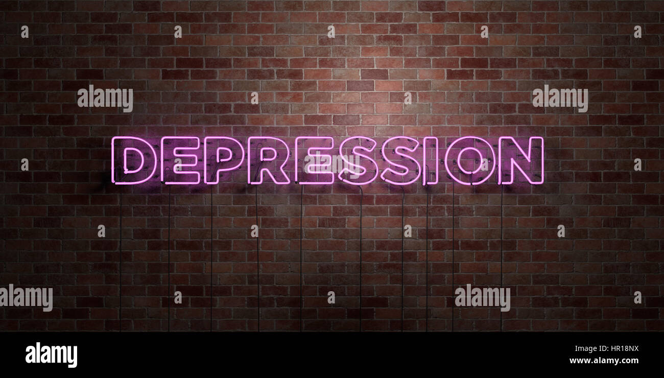 DEPRESSION - fluorescent Neon tube Sign on brickwork - Front view - 3D ...