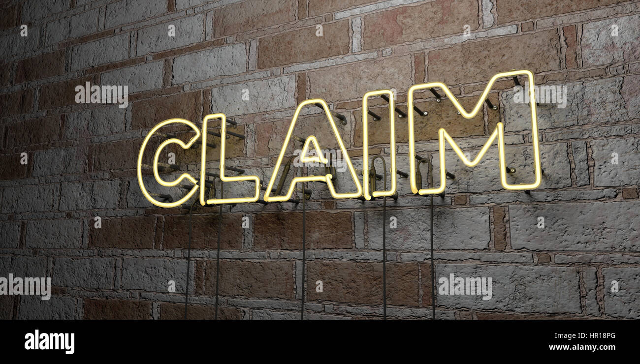 CLAIM - Glowing Neon Sign on stonework wall - 3D rendered royalty free ...