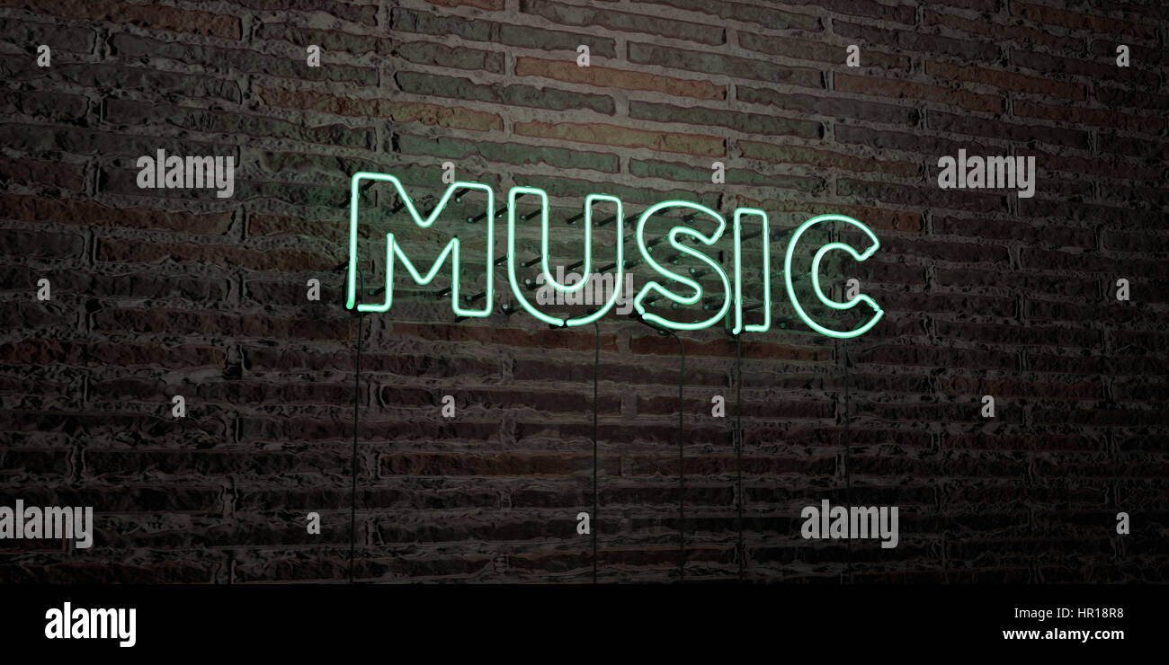 MUSIC -Realistic Neon Sign on Brick Wall background - 3D rendered ...