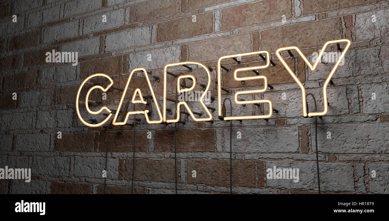 CAREY - Glowing Neon Sign on stonework wall - 3D rendered royalty free ...