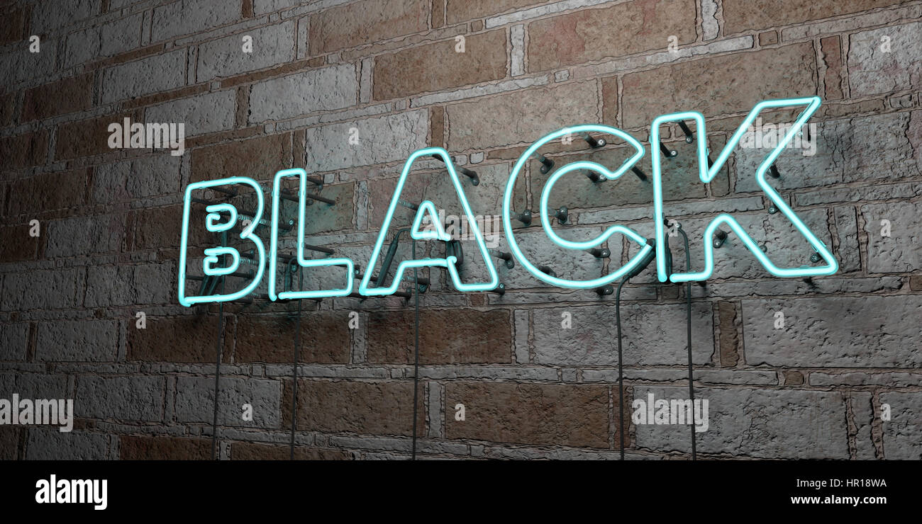 BLACK - Glowing Neon Sign on stonework wall - 3D rendered royalty free ...